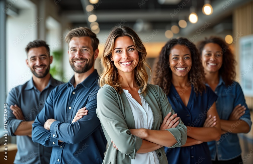 Successful business team stands together in modern office. Happy ...