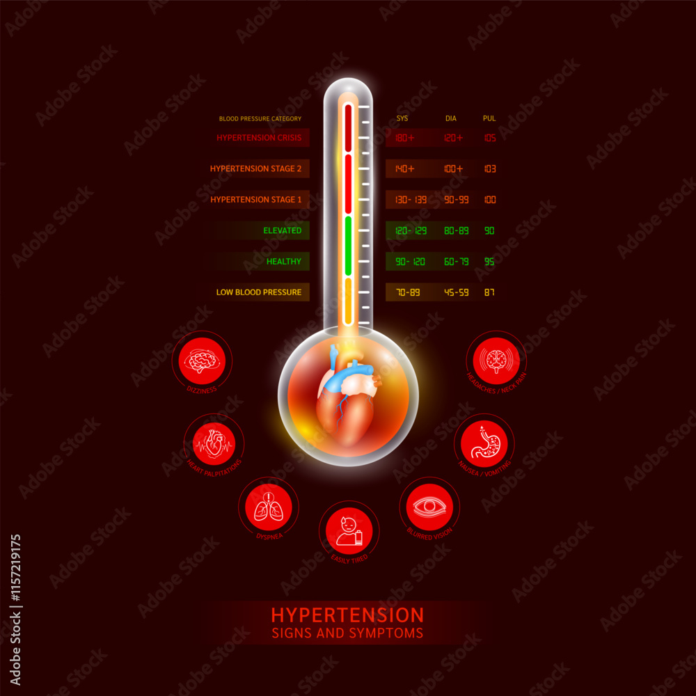 Heart human in thermometer or Sphygmomanometer. Hypertension signs and ...