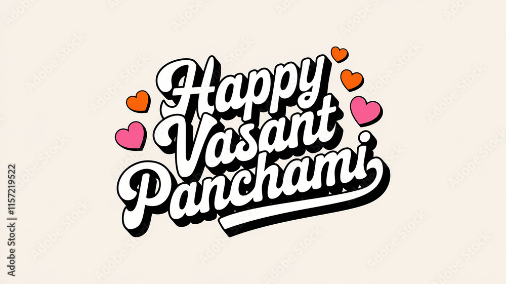 Happy Vasant Panchami text and hearts on off-white background. Retro ...