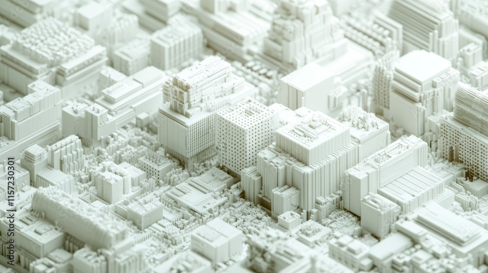 A detailed, white architectural model of a cityscape featuring ...