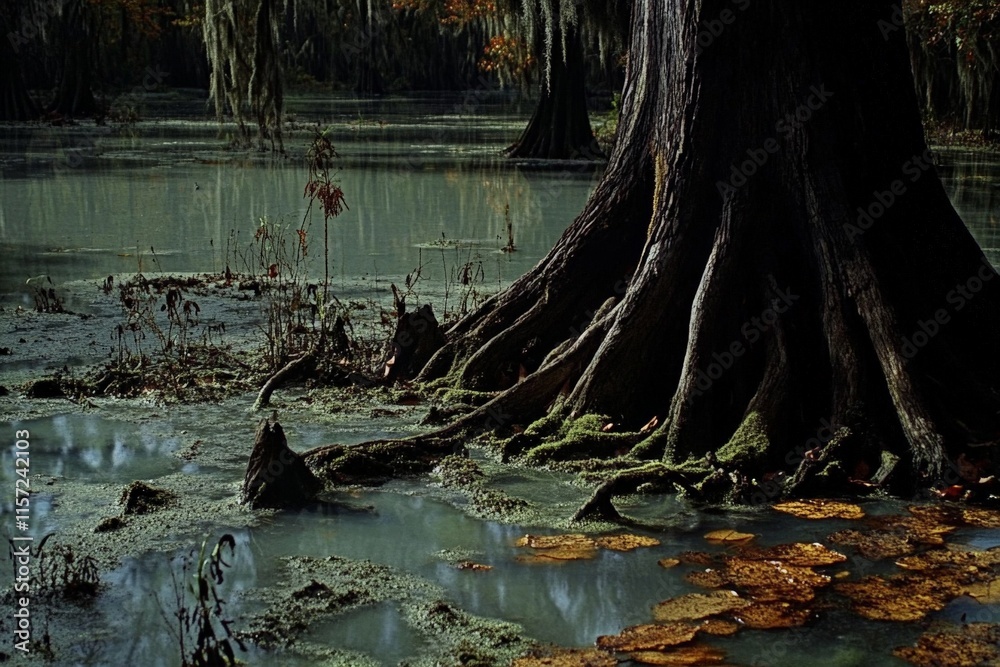 An ancient tree with sprawling roots stands in a swamp, earth's quiet ...