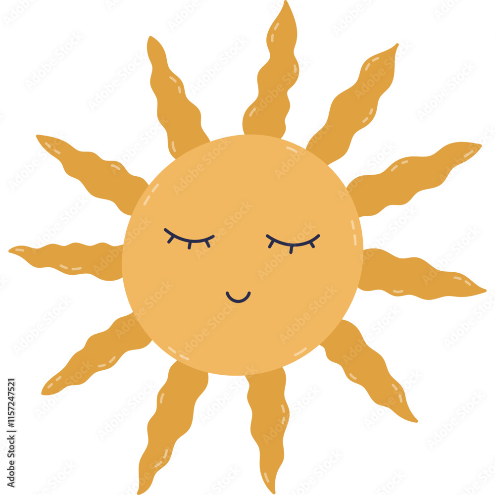 Lovely cartoon esoteric sun with face with closed eyes and wavy rays ...