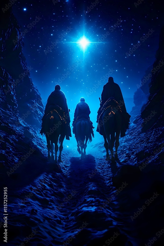 Figures of three wise men in hooded cloaks following the Star of ...