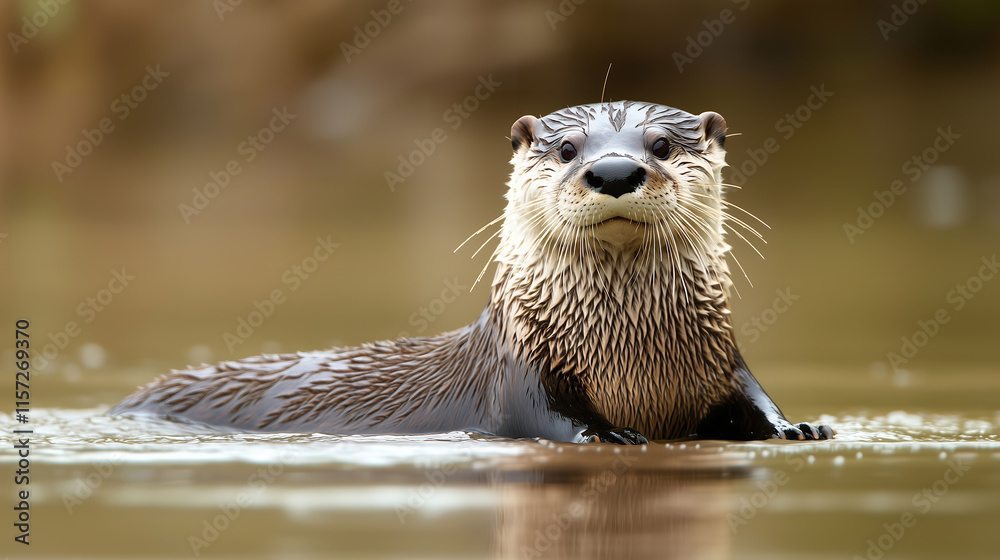 North American river otter in water, Otter swimming through water Stock ...
