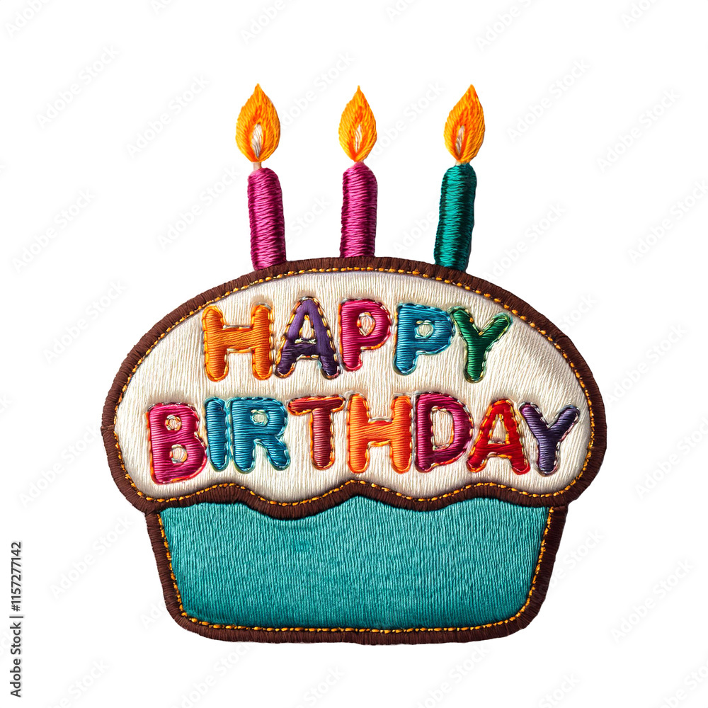 「Happy Birthday」の文字と誕生日ケーキの刺繍のワッペン（Embroidered patch of "Happy Birthday ...