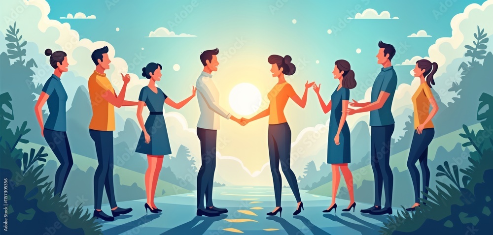 Diverse people connect as business partners. Stand near water, trees in ...