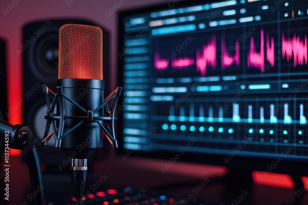 Professional audio studio setup featuring a glowing microphone near a ...