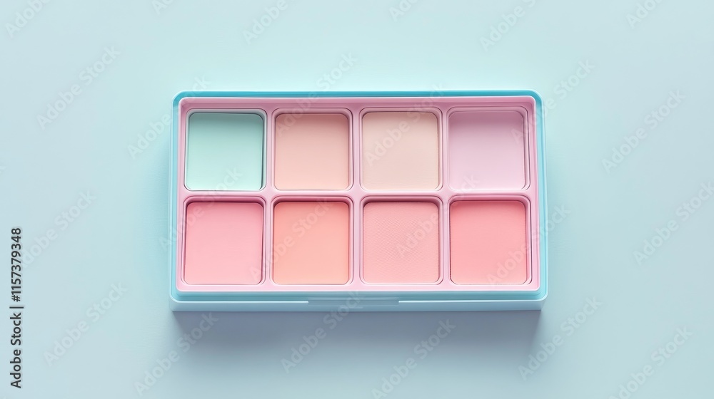 Pastel colored empty sample case with nine compartments on a light ...