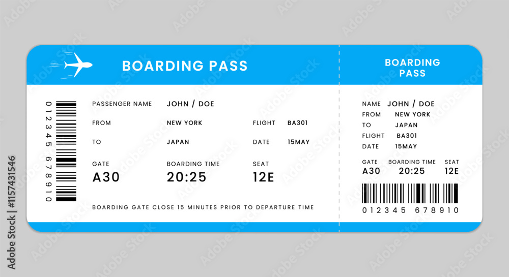 Boarding pass template. Realistic airline ticket design with passenger ...