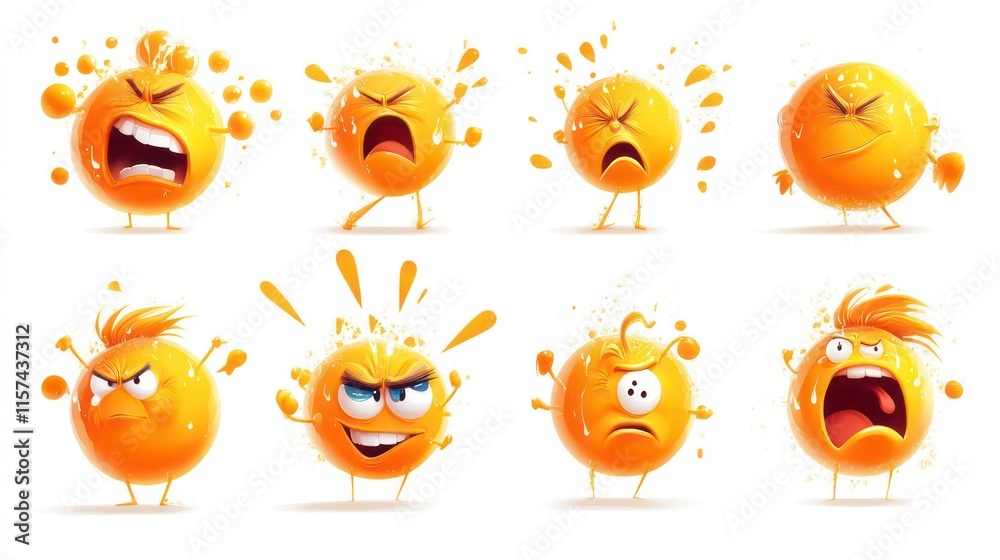 Eight cartoon orange juice emoticon characters with various angry ...