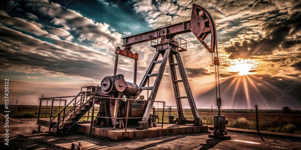 Retro oil well, aged and working, this 1930s oil derrick pumps black ...
