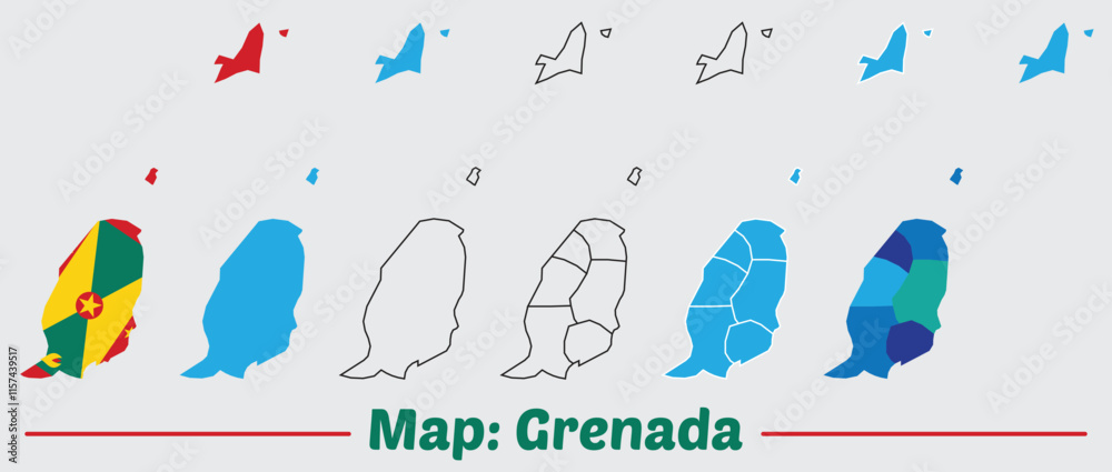 Grenada map set. internal provinces borders marked, Simple map of Grenada vector drawing, Filled ...
