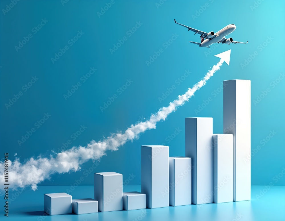 Growing bar chart in sky with plane leaving condensation trail ...
