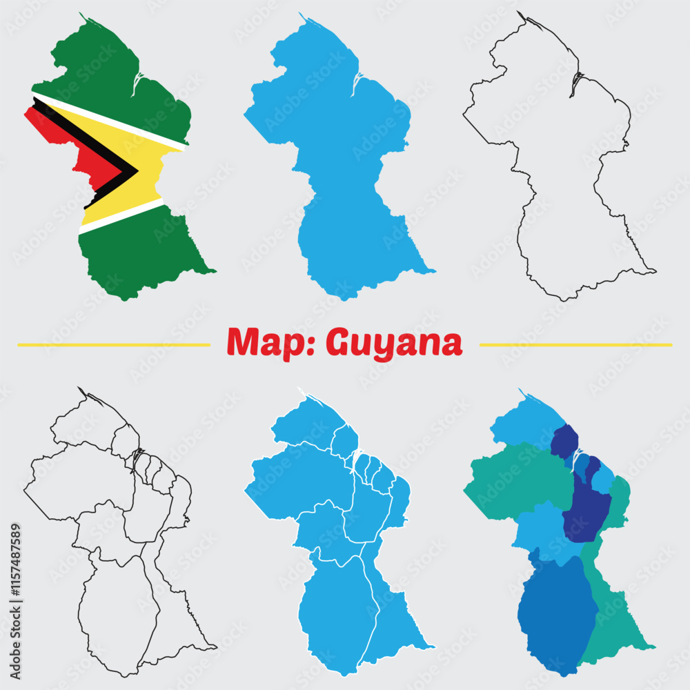 Guyana country map set. internal provinces borders marked, Simple map of Guyana vector drawing ...