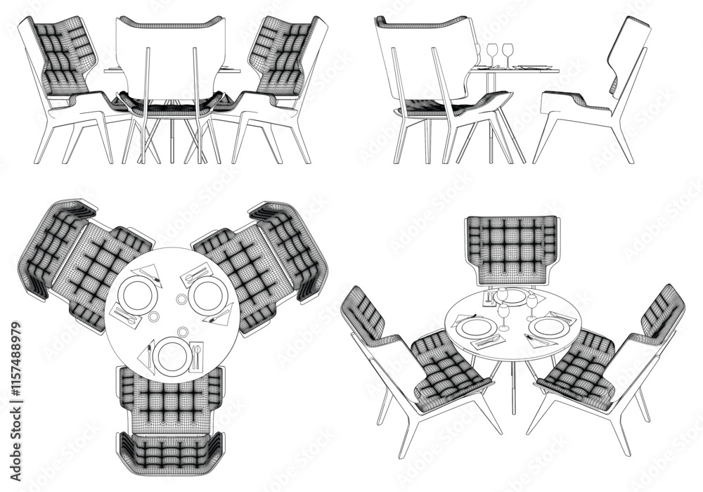 Illustrated Outline of Dining Chairs and Table Set in a Restaurant with ...