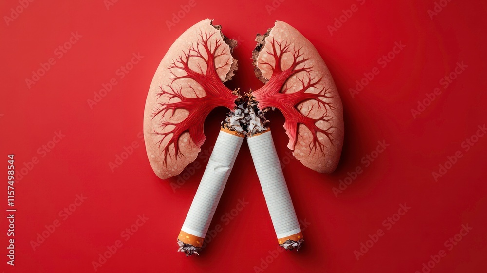 World no tobacco day concept: broken cigarette with lungs design on red ...