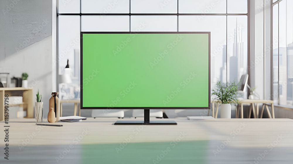 Conference room with blank green TV screen. Monitor mock up with Chroma ...
