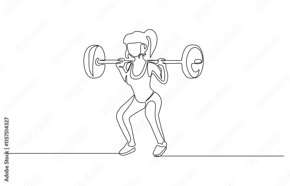 One single line drawing of fit young athlete muscular woman lifting barbells working out at a ...