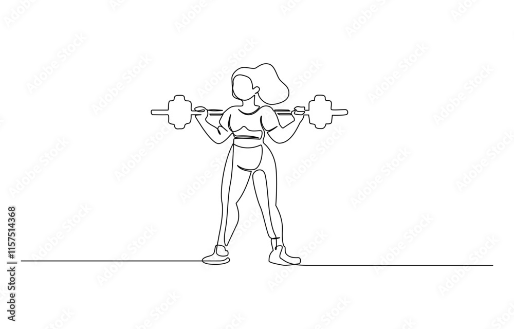 One single line drawing of fit young athlete muscular woman lifting barbells working out at a ...