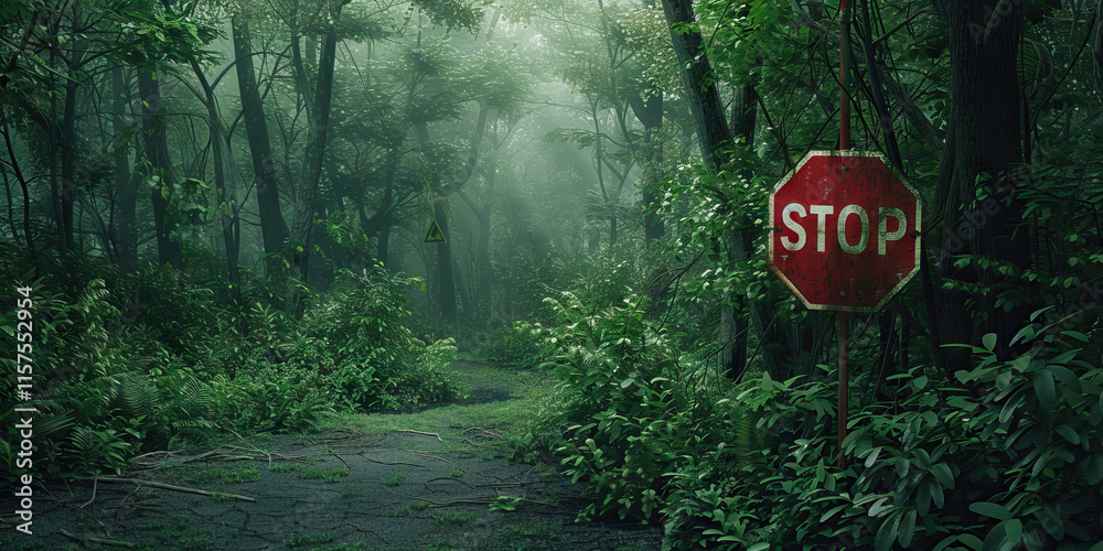 Overgrown Forest Path with Stop Sign Stock Photo | Adobe Stock