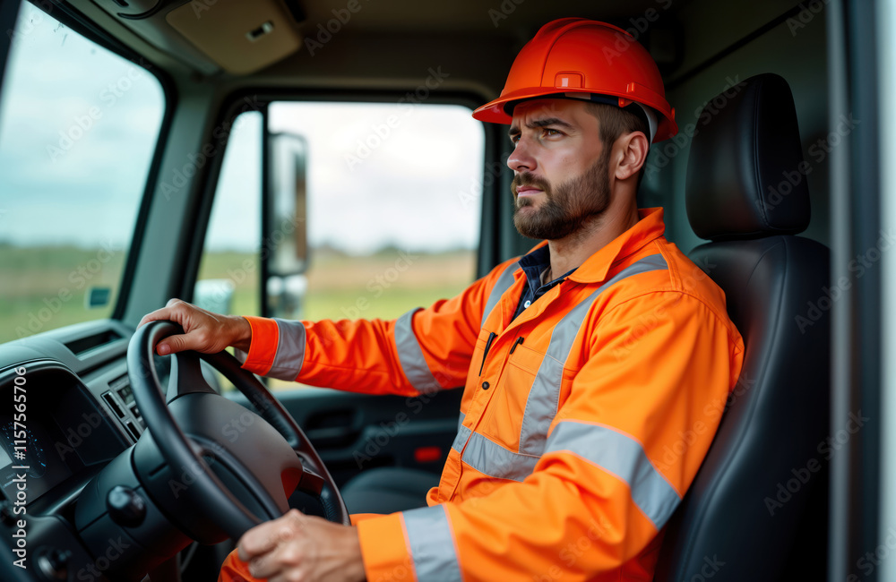 Adult male truck driver sits in truck cabin. Pro driver wears safety ...