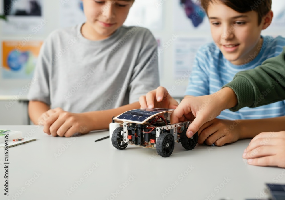 Pupils assembling a solar powered car model during a science lesson in ...