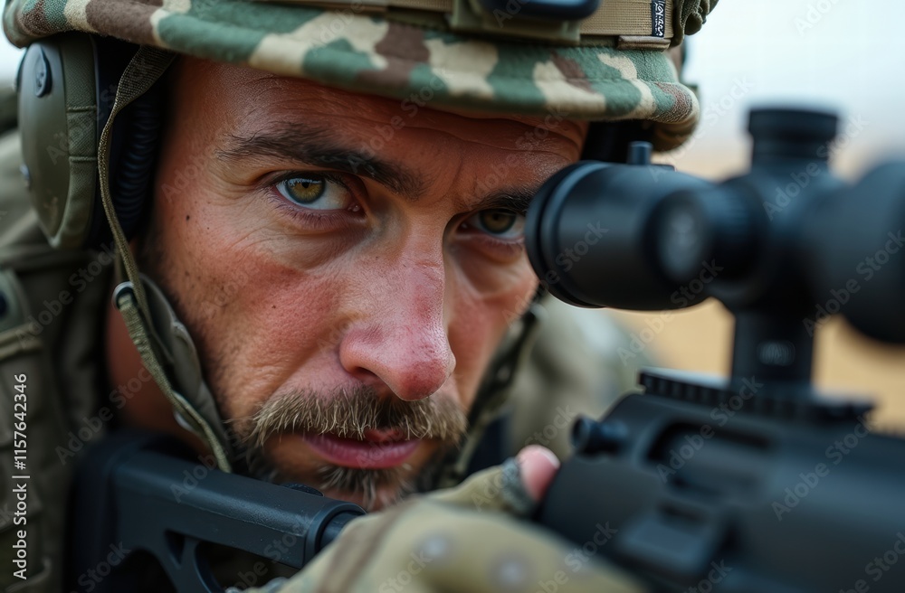 A portrait of a male sniper rifle shooter, deeply focused as he aims ...