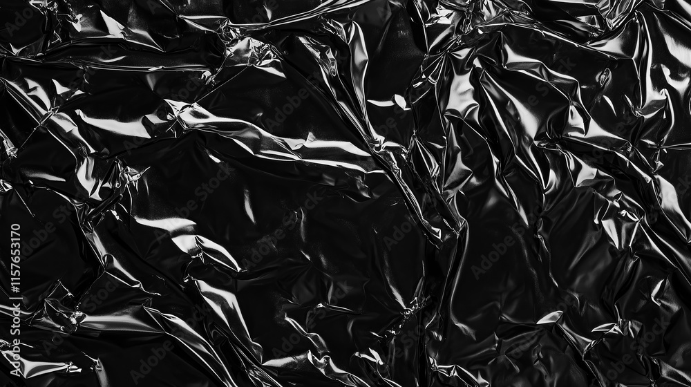 wrinkled stretched plastic glossy wrap on black background, for overlay ...
