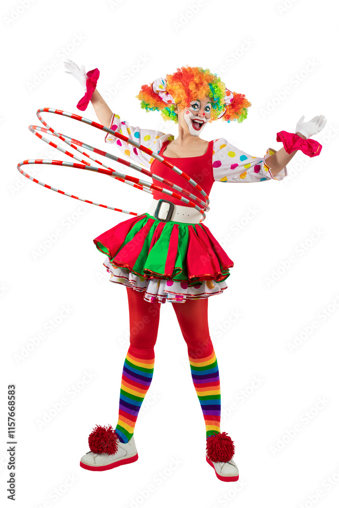 Funny female clown twirling hula hoop, woman entertainer dressed as a ...