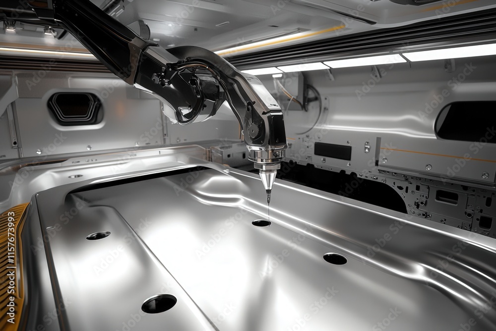 automation of the car manufacturing process, robot arm welds a seam on ...