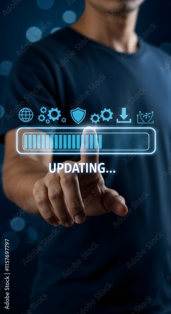 User interacting with software update progress bar on glowing futuristic interface. Technology ...