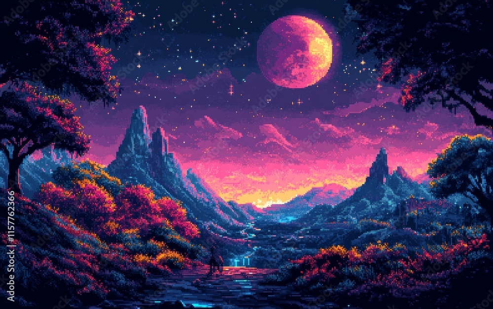 Bright pixel art forms create a whimsical retro-futuristic background ...