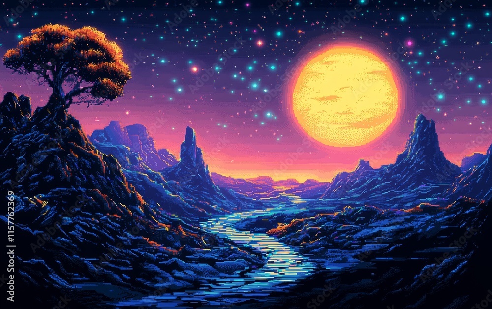 Bright pixel art forms create a whimsical retro-futuristic background design., Generative AI ...