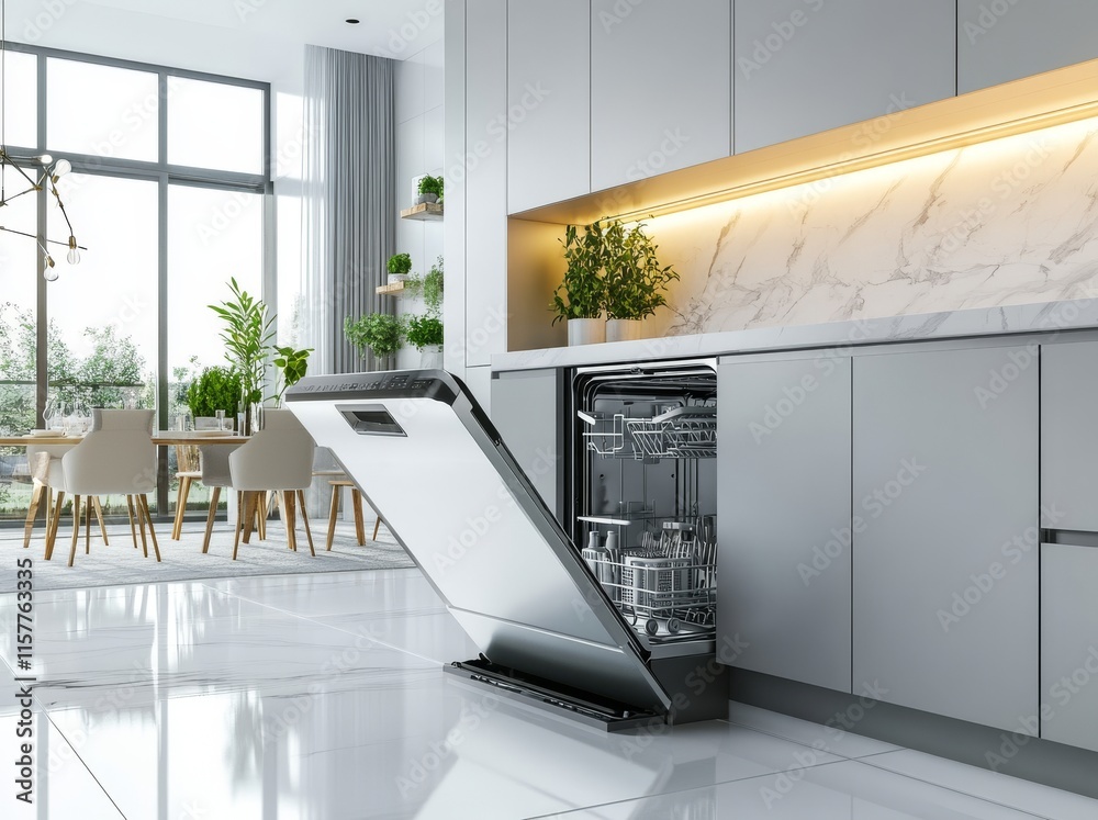 In a chic contemporary kitchen, a modern stainless steel dishwasher ...