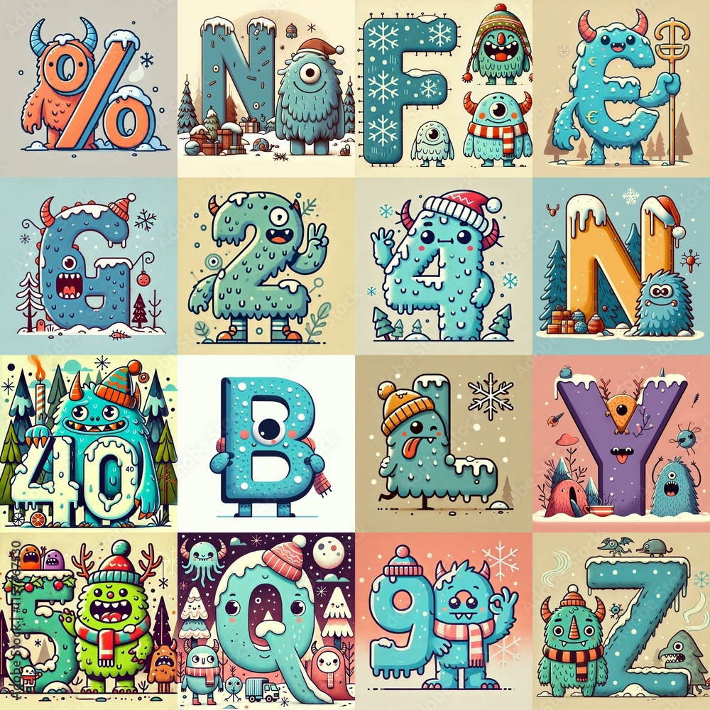 Cartoon Winter Monsters Lettering Typeface. AI generated illustration ...