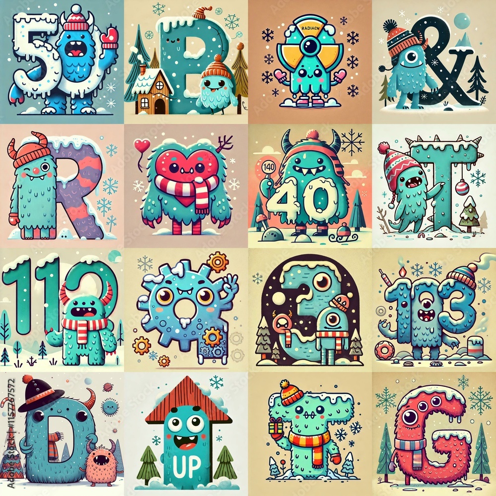 Cartoon Winter Monsters Lettering Typeface. AI generated illustration ...