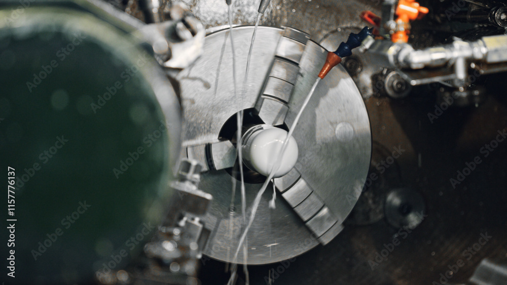 Metal lathe machine is shaping a cylindrical metal workpiece, with ...