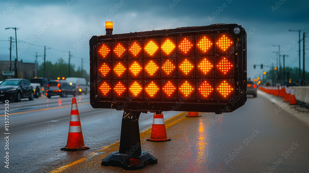 LED Mobile Matrix Sign on Road with Flashing Lights and Traffic Cones ...