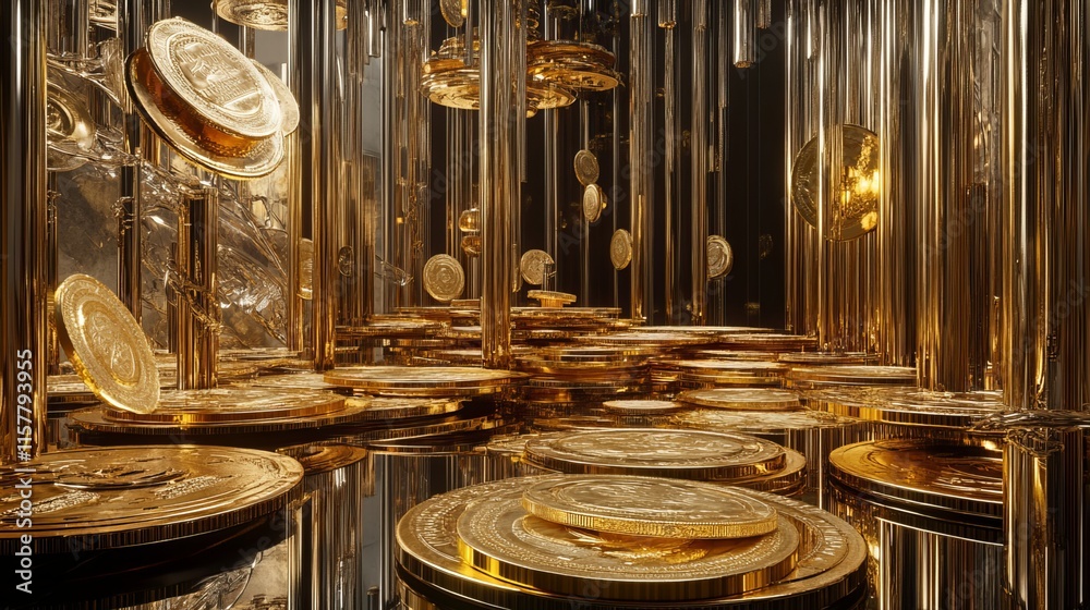 Golden coins and bars evoke opulence and grandeur. Their lustrous gleam ...