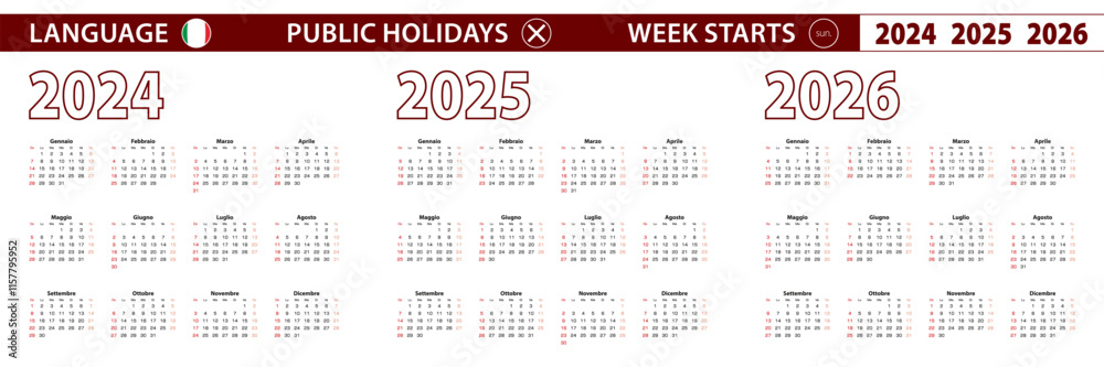 2024, 2025, 2026 year vector calendar in Italian language, week starts ...