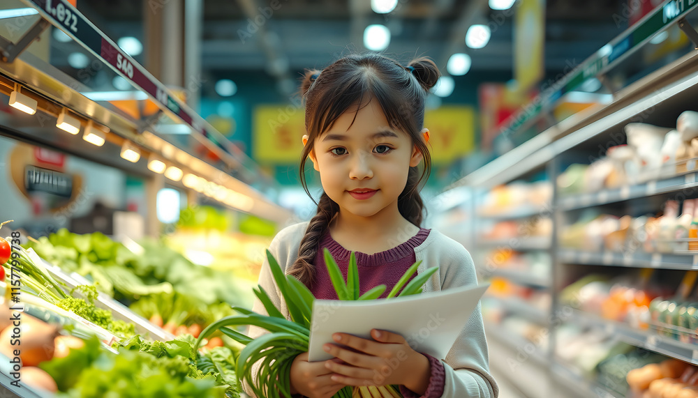 Pretty girl child buying green onion with shopping list in supermarket ...