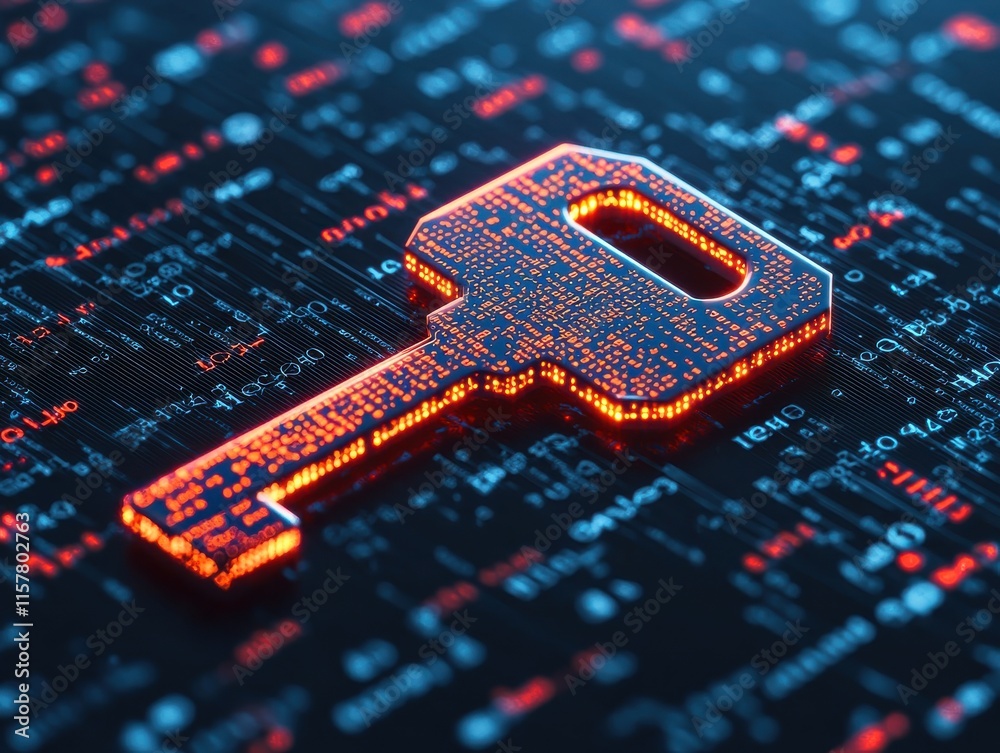 Glowing Key Surrounded by Glitching Binary Code Elements Rendered in a Dynamic, Futuristic Style ...