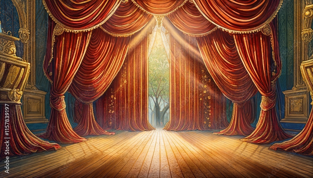 Realistic Theater Red Dramatic Curtains with Spotlight on Stage Classic ...