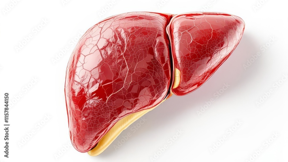 Still life of a human liver anatomical model with visible blood vessels ...