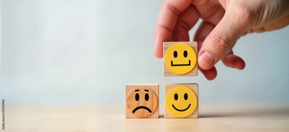 Person select happy emoticon on wooden block. Customer choose positive ...