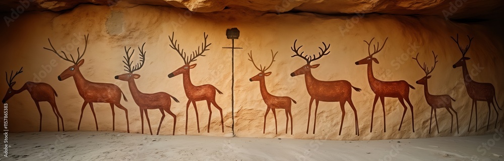Ancient cave wall displays prehistoric rock painting. Deer figures ...