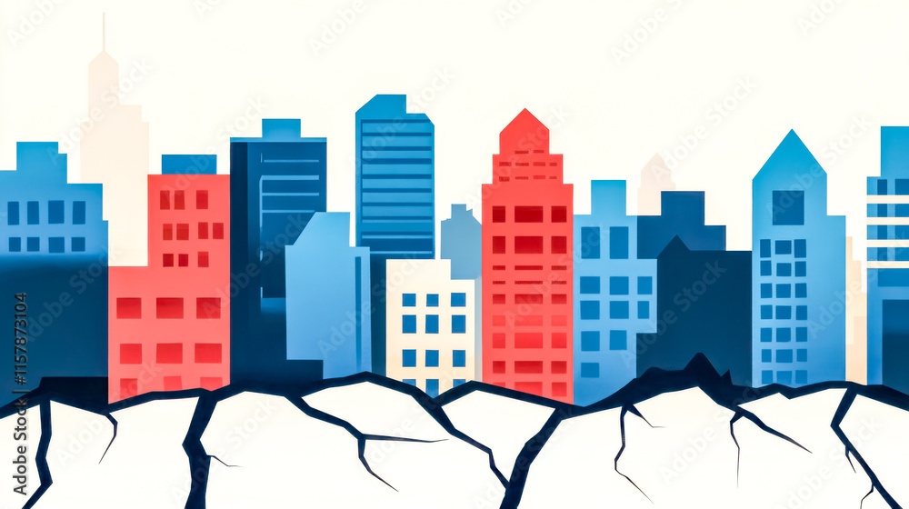Earthquake causing cracks and shaking buildings in city skyline Stock ...