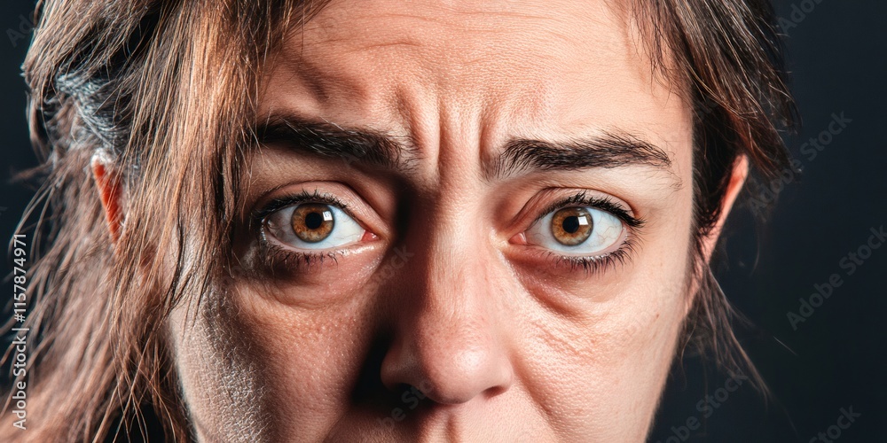 Woman showing wide eyes and furrowed brows, expressing deep anxiety and ...