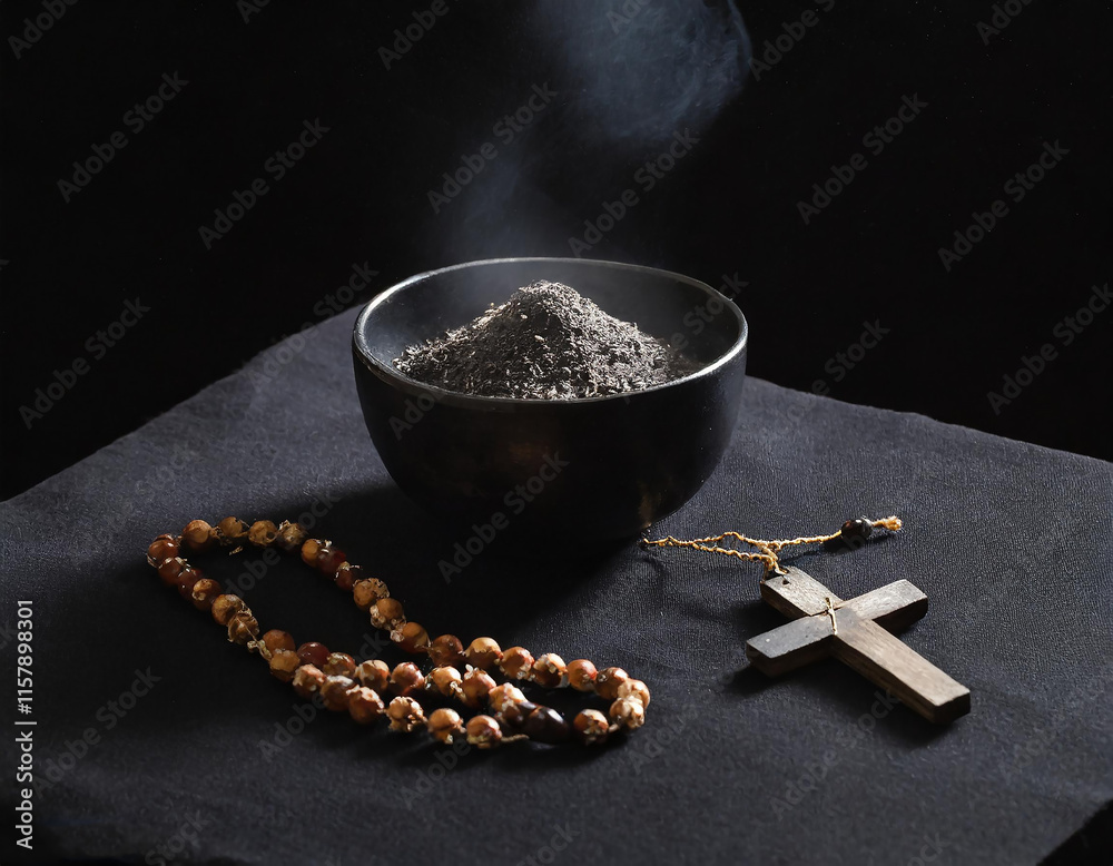 Ash Wednesday, cross, ash and rosary on table, black background Stock ...