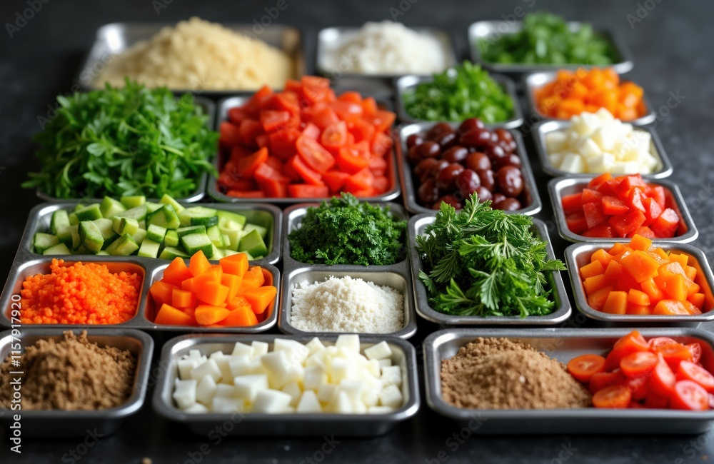Well-organized kitchen mise en place shows various chopped ingredients ...